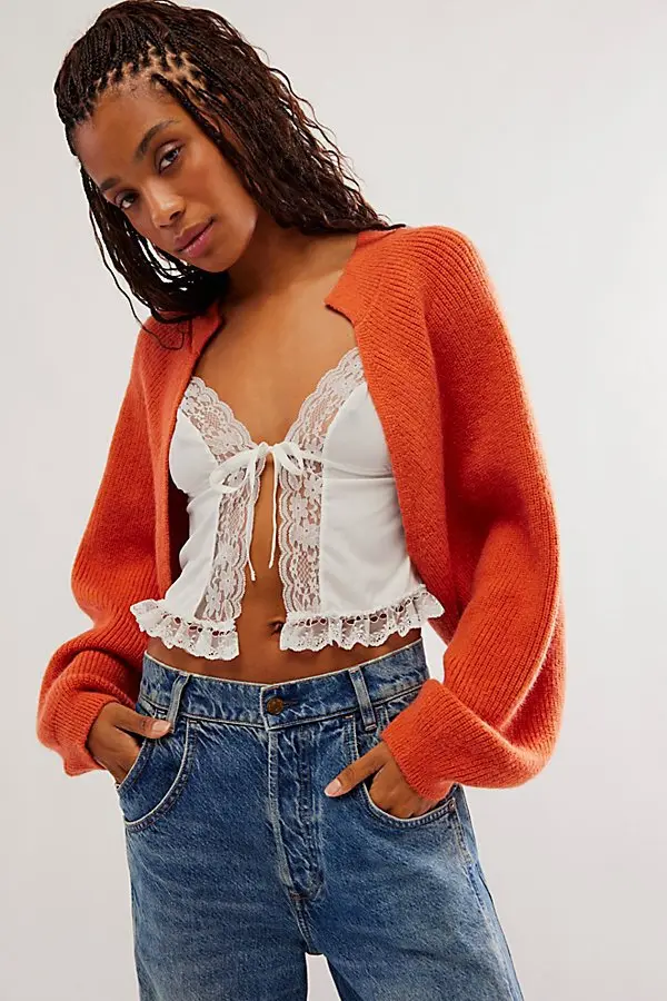 Free People Cold Shoulder Ribbed Knit Bolero - Burnt Orange
